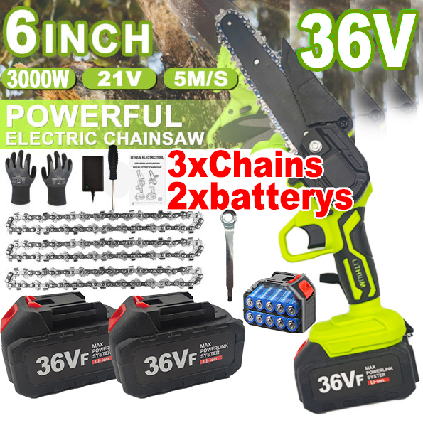 36V 3000W Mini Cordless Chainsaw 2X Battery-Powered Wood Cutter ...